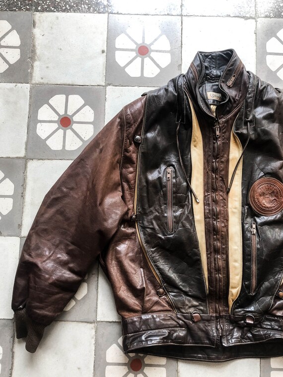 Pleated Leather Bomber 1980s . Tactical Pollini Italy… - Gem