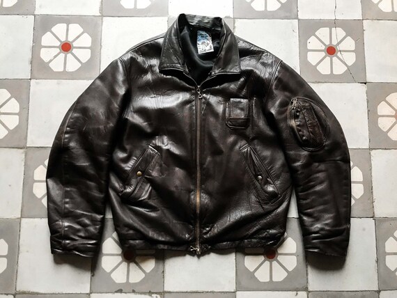 BROWN French Pilot Jacket 1980s . Air force Leather B… - Gem