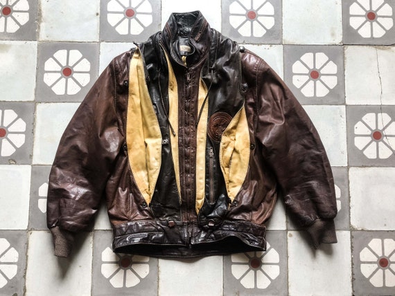 Pleated Leather Bomber 1980s . Tactical Pollini Italy… - Gem