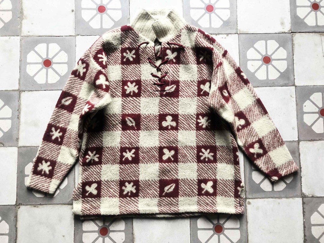 1970s Fleece Jacket . Thermal Fleeced Sweater Retro Leaf Pattern Jacket ...