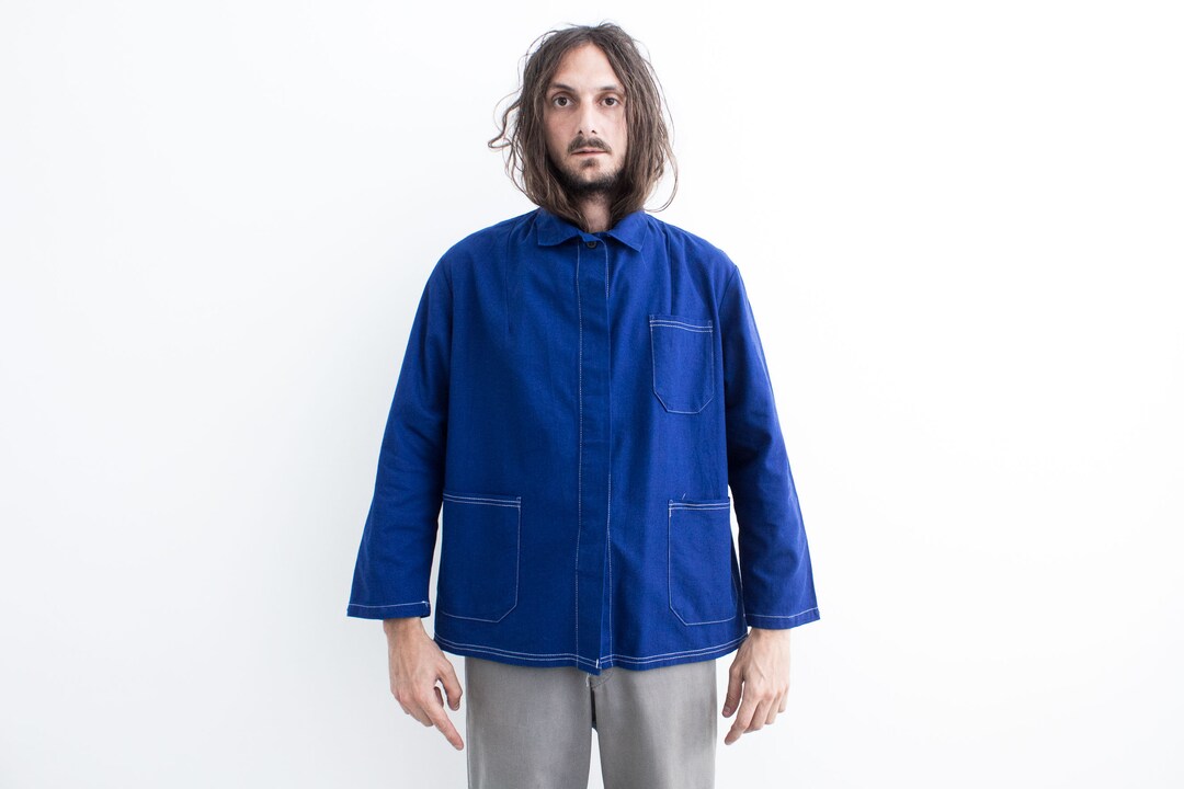 Deep Blue Work Jacket Paint Marks 1970s . French Chore Jacket . Utility ...