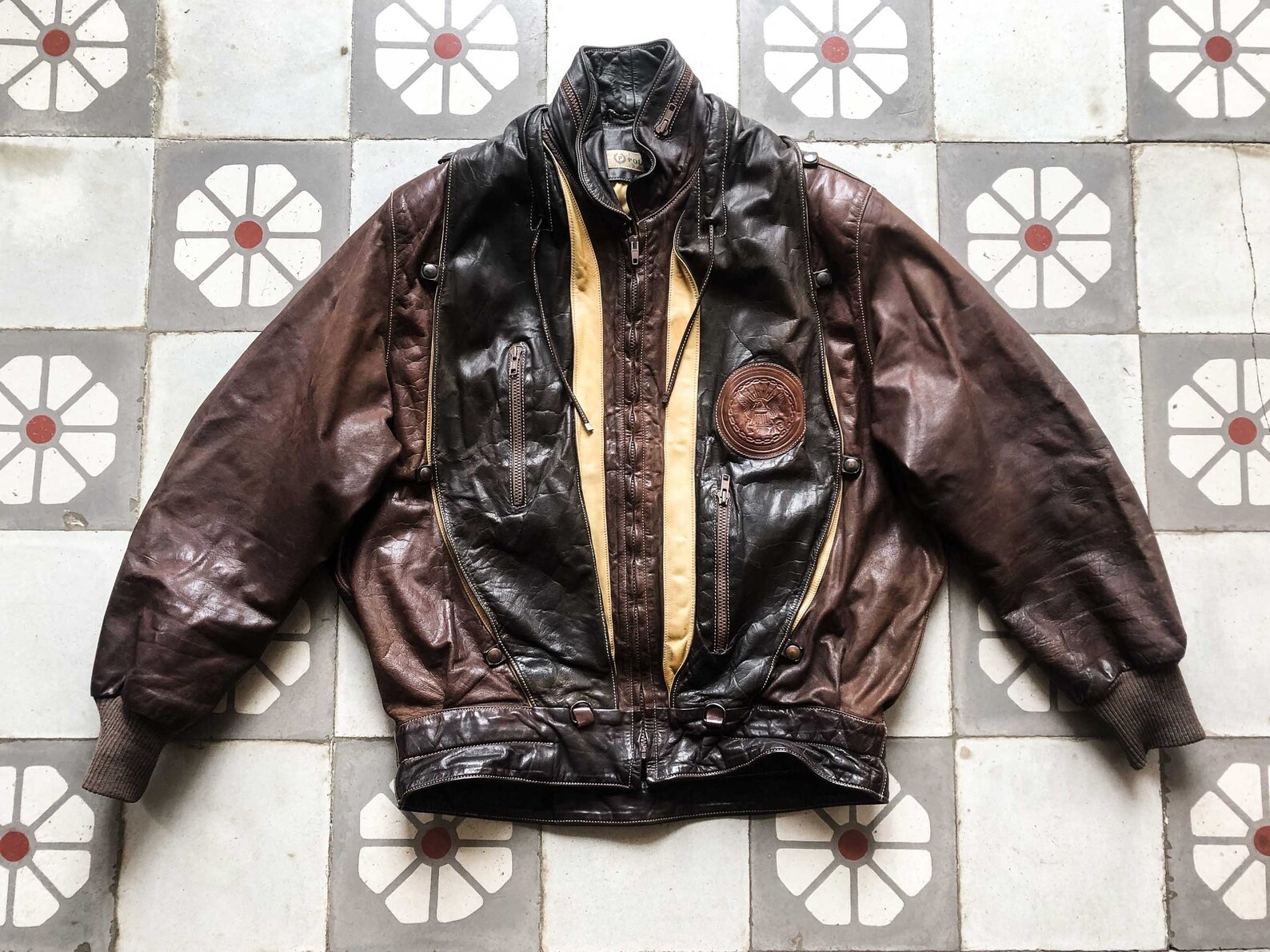 Pleated Leather Bomber 1980s . Tactical Pollini Italy Boxy Leather ...