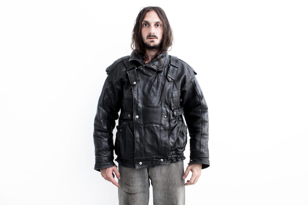 MOTO Jacket 1980s Tactical Bomber Leather Straps . Grunge Punk Jacket ...