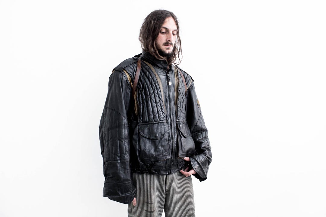 POLLINI Designer Leather Bomber 1980s . Tactical Made in Italy Boxy ...