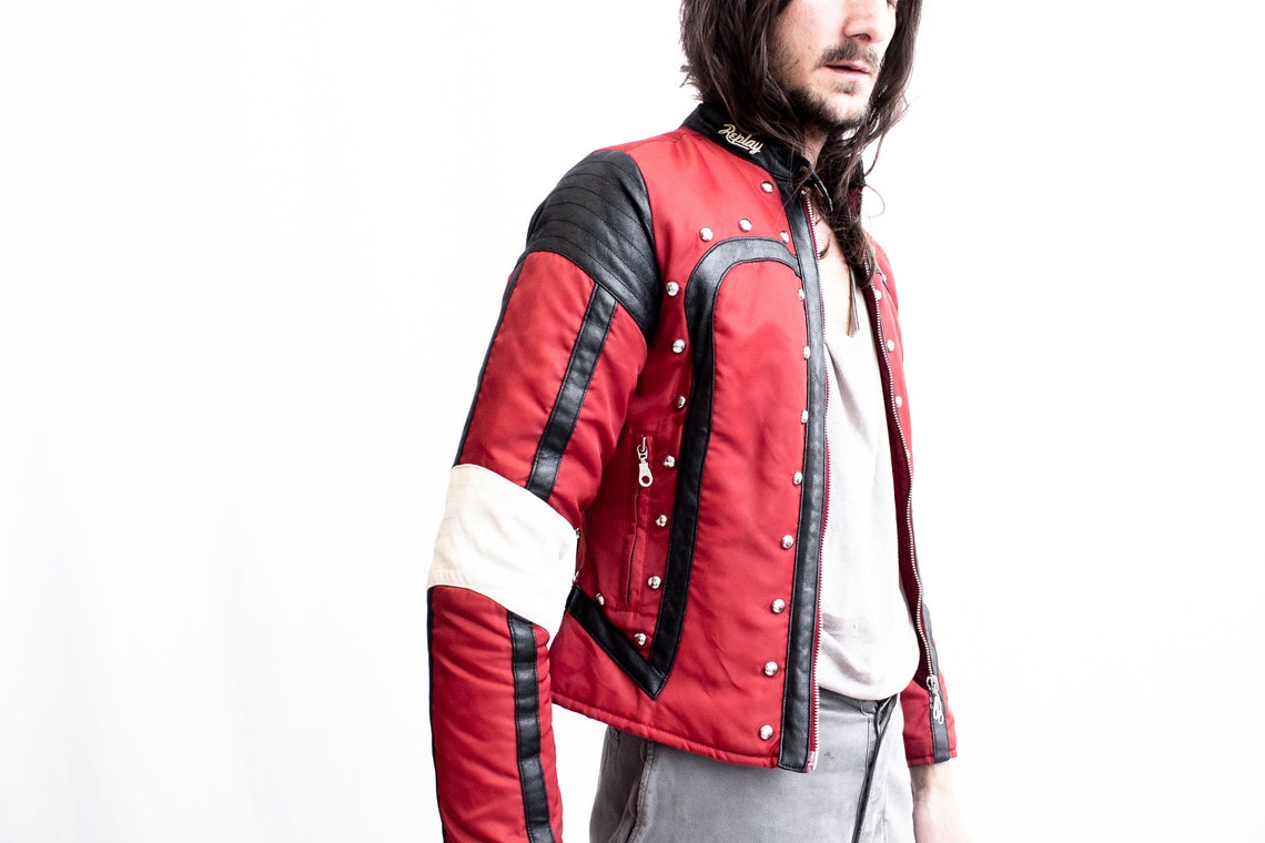 Studded Punk 80s Biker Moto Jacket Racer Motorcycle Funk Coat Outerwear ...