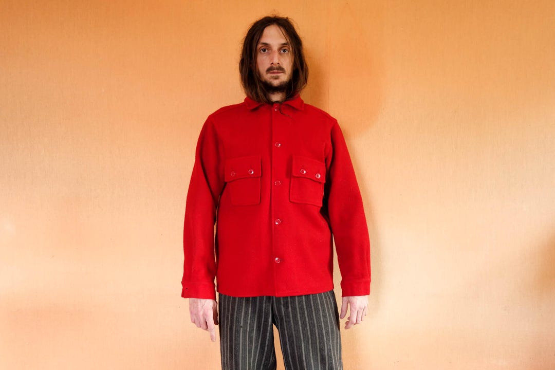 Red Wool Shirt Jacket 1970s . Flannel Shirt Woolen Mills Button Down ...