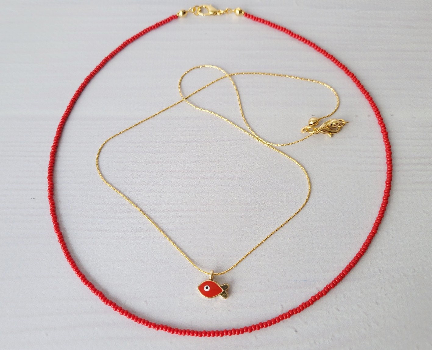 Little Red Fish Necklace, Good Luck Jewelry, Red Beaded Necklace ...