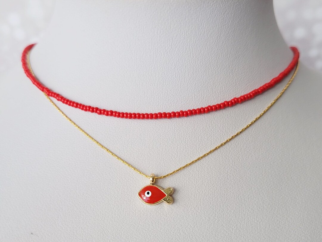 Little Red Fish Necklace, Good Luck Jewelry, Red Beaded Necklace ...