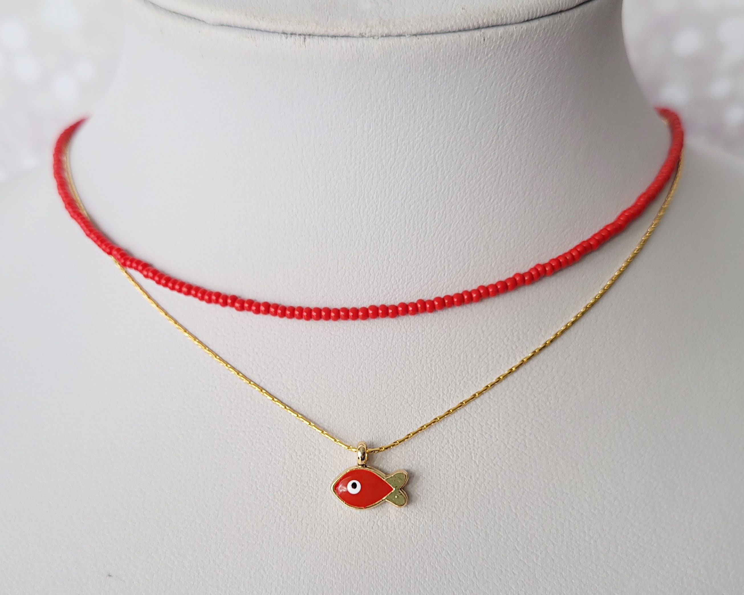 Little Red Fish Necklace, Good Luck Jewelry, Red Beaded Necklace ...