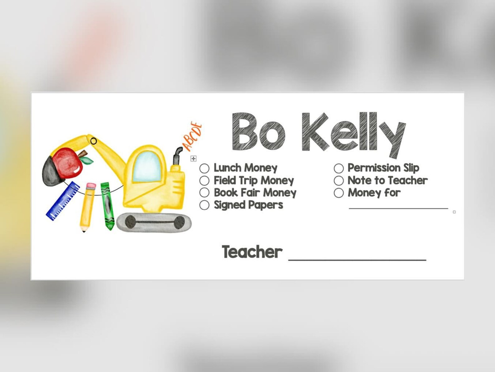 Excavator School Money Envelope, Back to School Envelope, Personalized ...