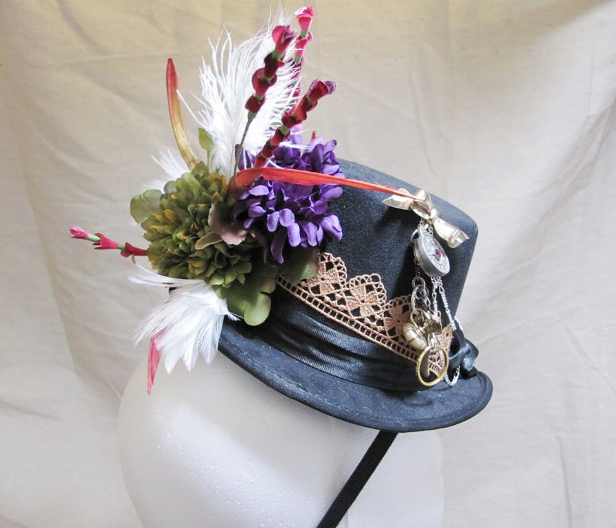 Steampunk Fascinator Hat in Black With Purple Green Red Beige - Etsy