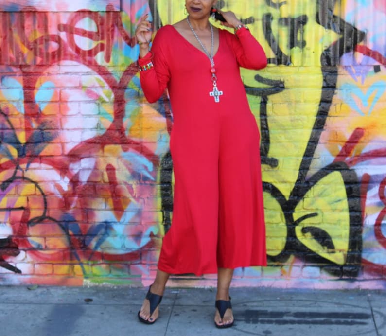 Plus Size Cropped Wide Leg Jumpsuit Long Sleeve V Neck Jersey Romper - Etsy