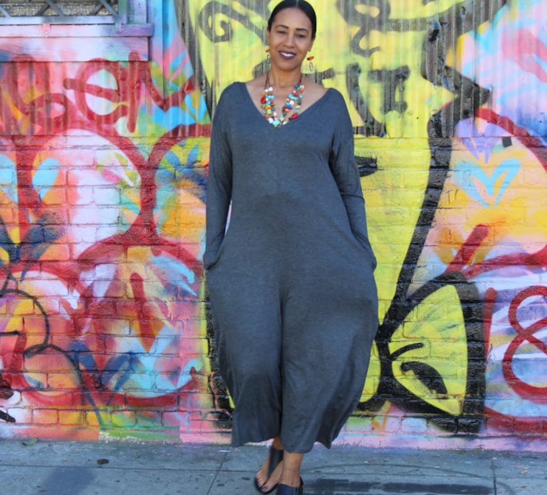 Plus Size Cropped Wide Leg Jumpsuit Long Sleeve V Neck Jersey Romper - Etsy
