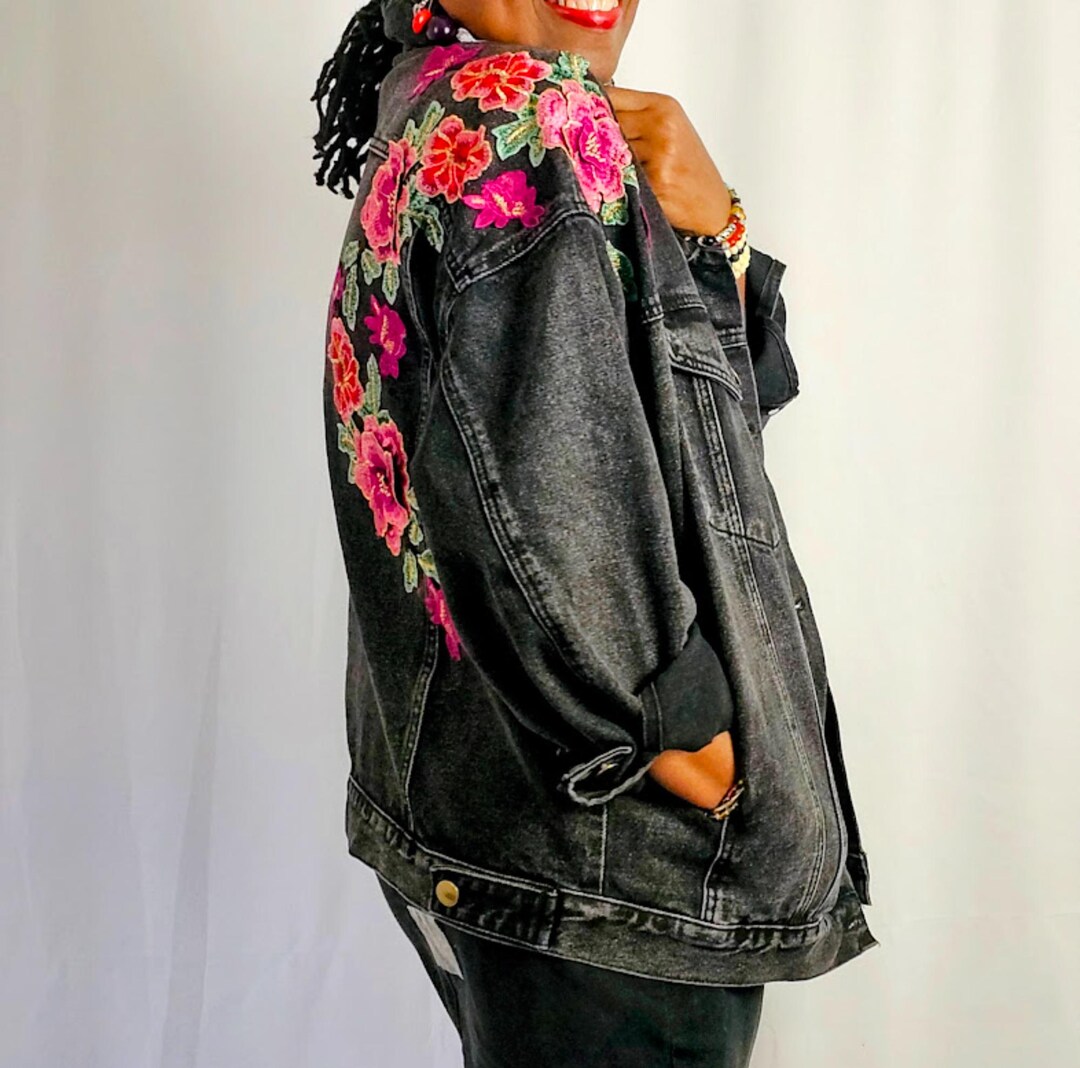 Plus Size Black Floral Embroidered Applique Customized Cotton Jean ...