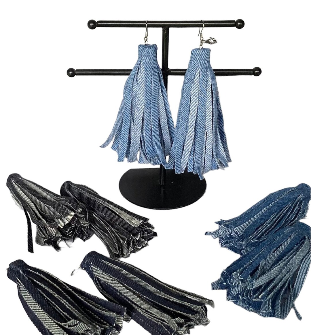 Denim Tassel Statement Earrings, 4” Long - Etsy