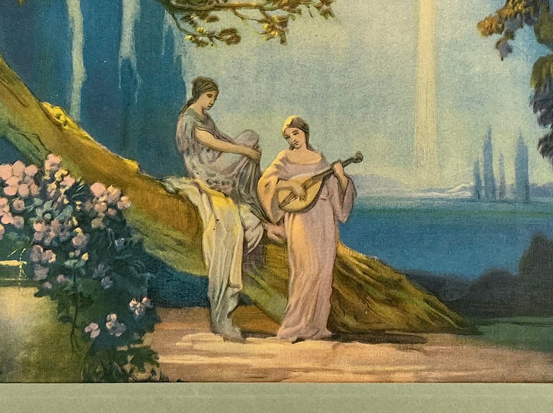 1920 Girls Playing Lute in Enchanted Garden Print Nouveau - Etsy