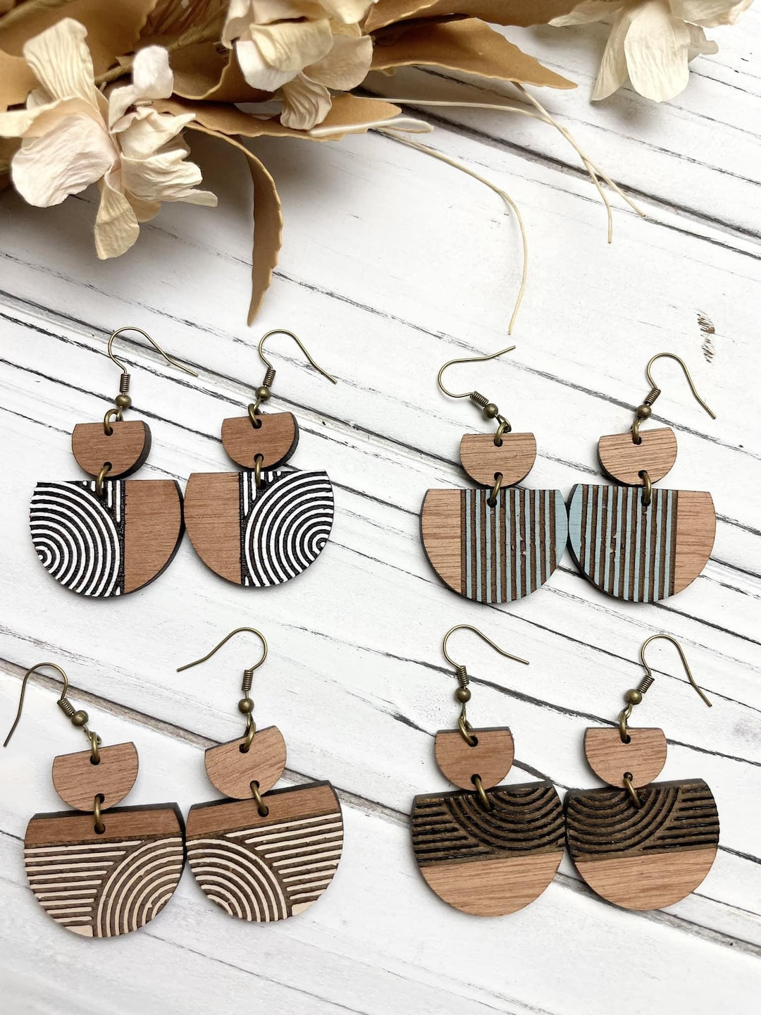 4 Half Circle Engraved Laser Earring Files and Connector - Boho Earring ...