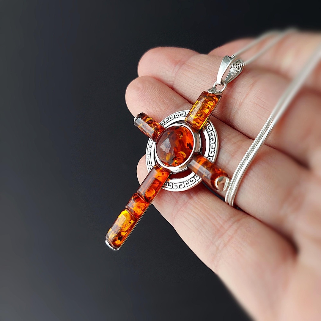 Amber Cross Necklace: Sterling Silver Celtic Pendant for Men - Etsy