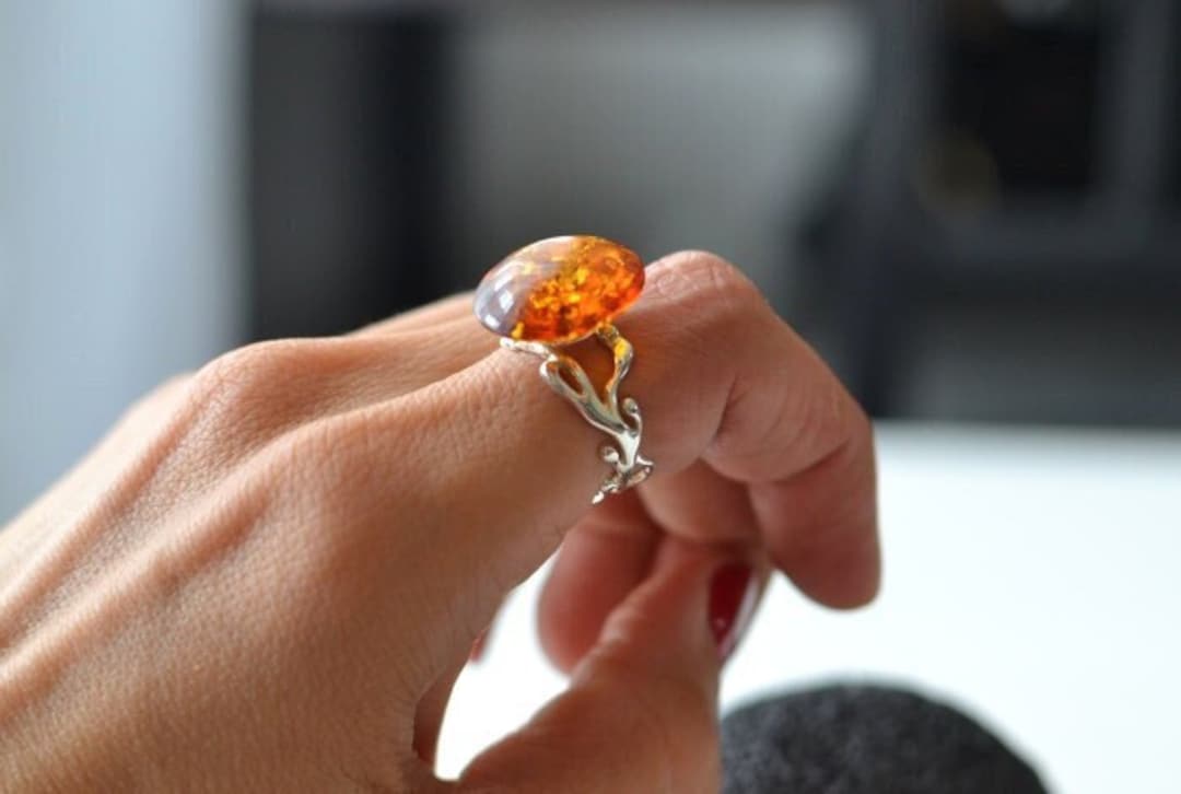 Amber Ring With Silver, Adjustable Open Ring, Gemstone Ring Amber ...