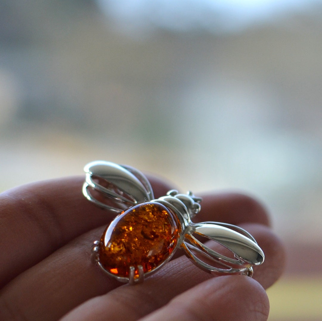 Bee Pin With Sterling Silver Statement Amber Brooch, Bee Lover Nature ...