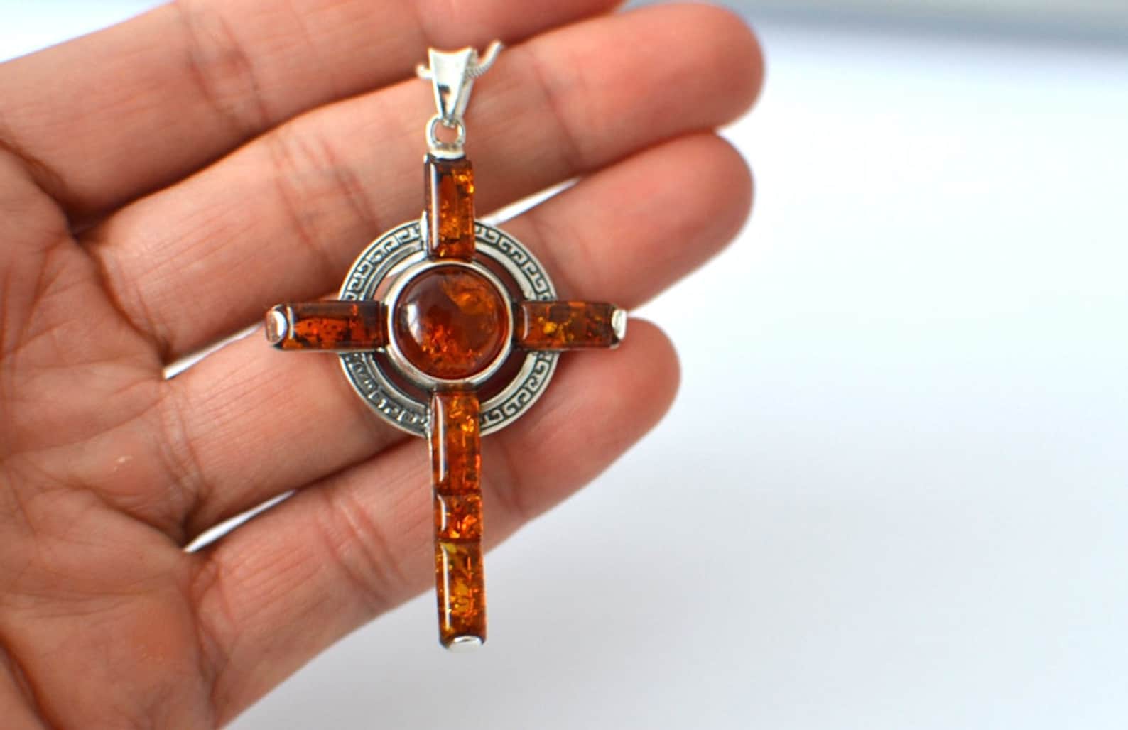 Amber Cross Necklace Silver Cross Jewelry Large Cross for | Etsy