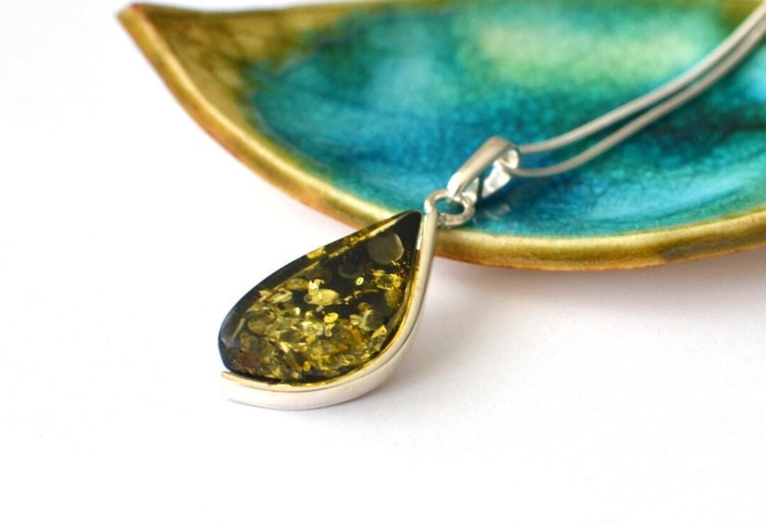 Green Amber Crystal Necklace With Silver Chain Green Gemstone Silver ...