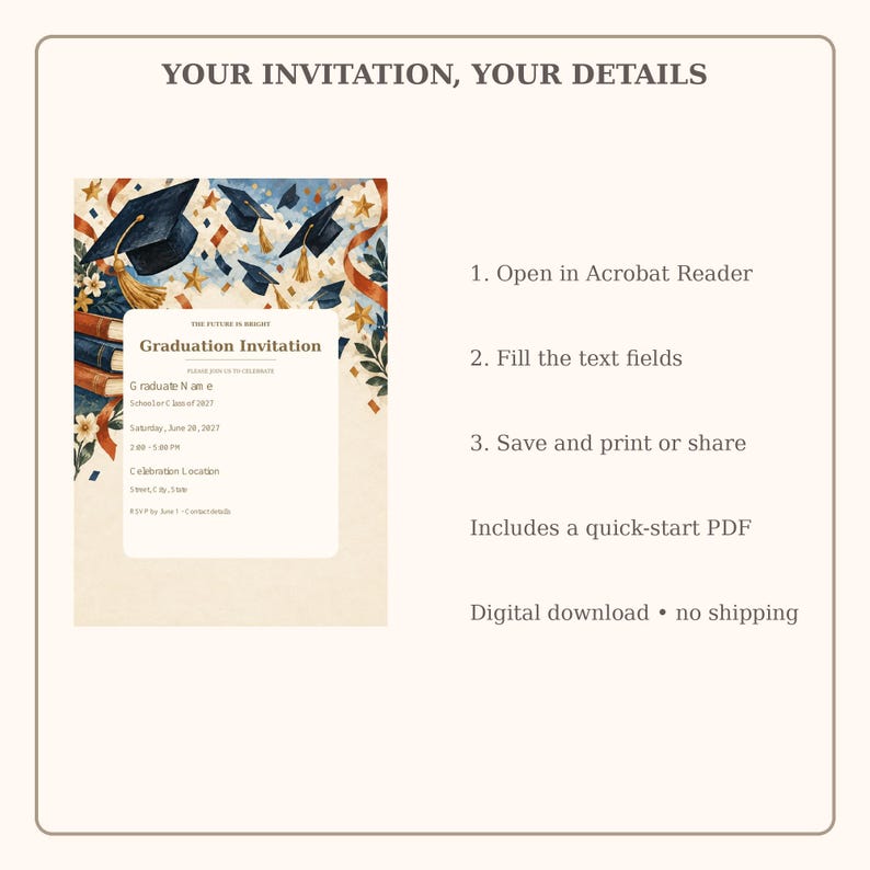 Bookish Gold Graduation Invitation | Fillable 5x7 PDF | Printable ...