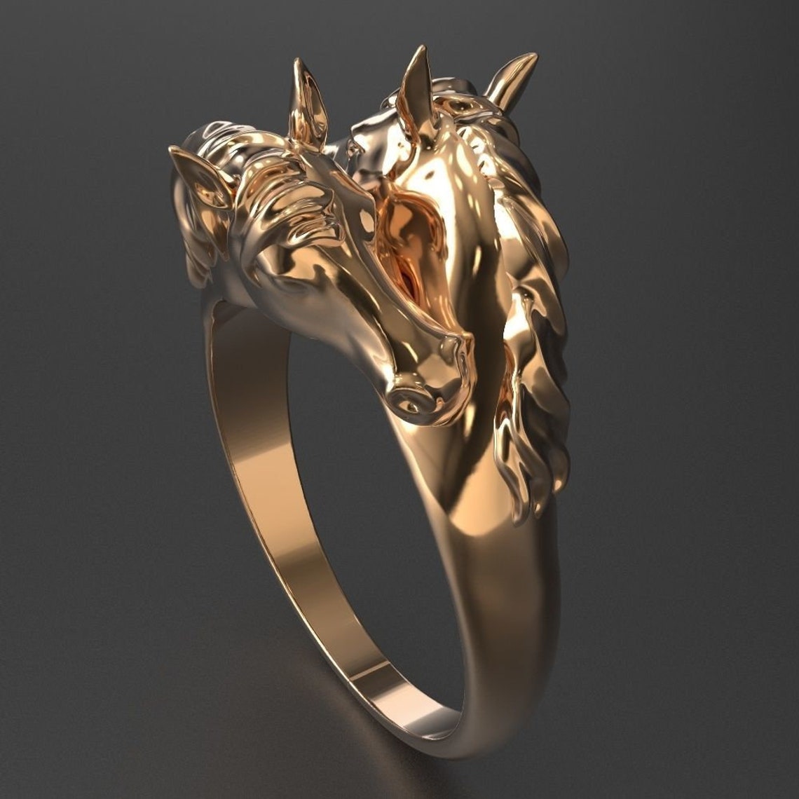 18kt Gold Ring Silver Animal Horse Heads Sport Gift Made in - Etsy