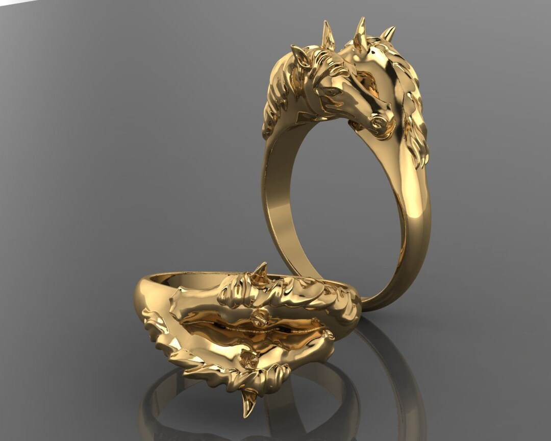 18kt Gold Ring Silver Animal Horse Heads Sport Gift Made in Italy ...