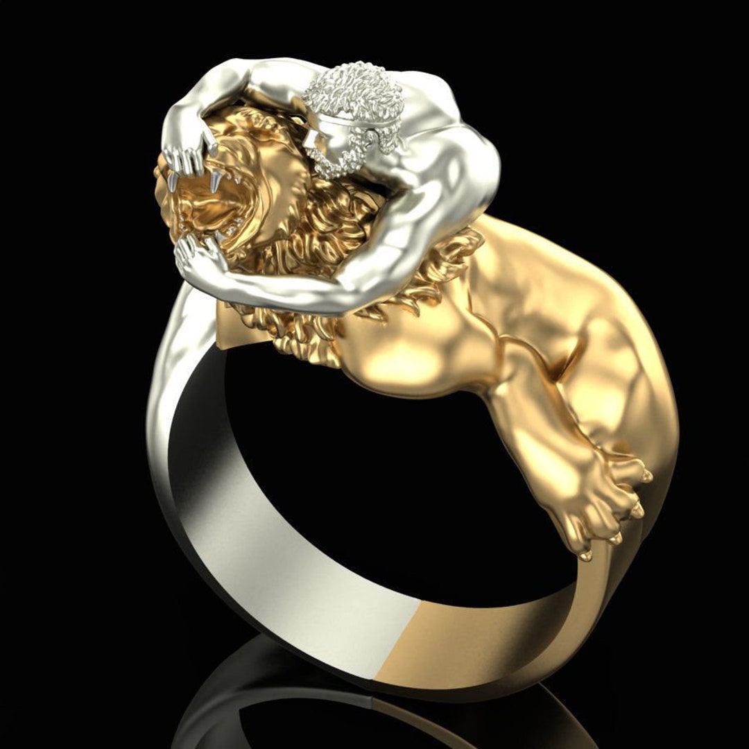 18kt White Gold Man Fight Lion Ring White Made in Italy Man Gift ...