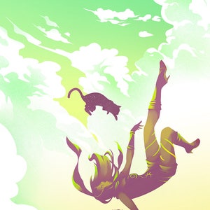 Gravity Rush Kat and Dusty Art Print Flying Through Clouds and Sky ...
