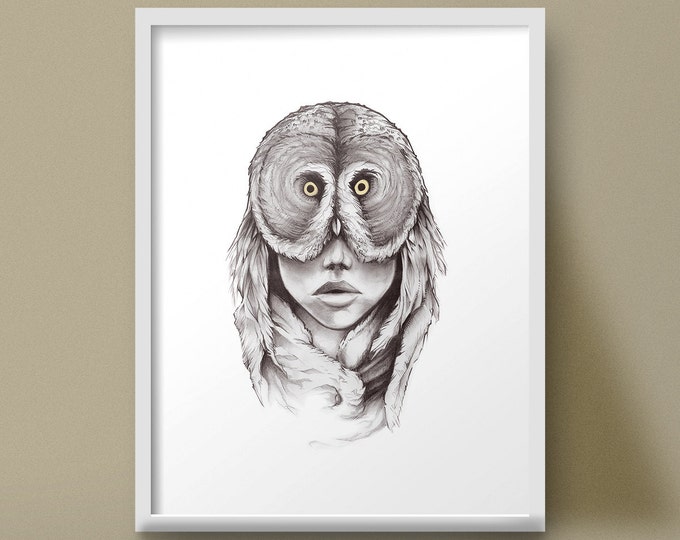 Art Print Owl Drawing Female Face Mask Feathers Portrait | Etsy