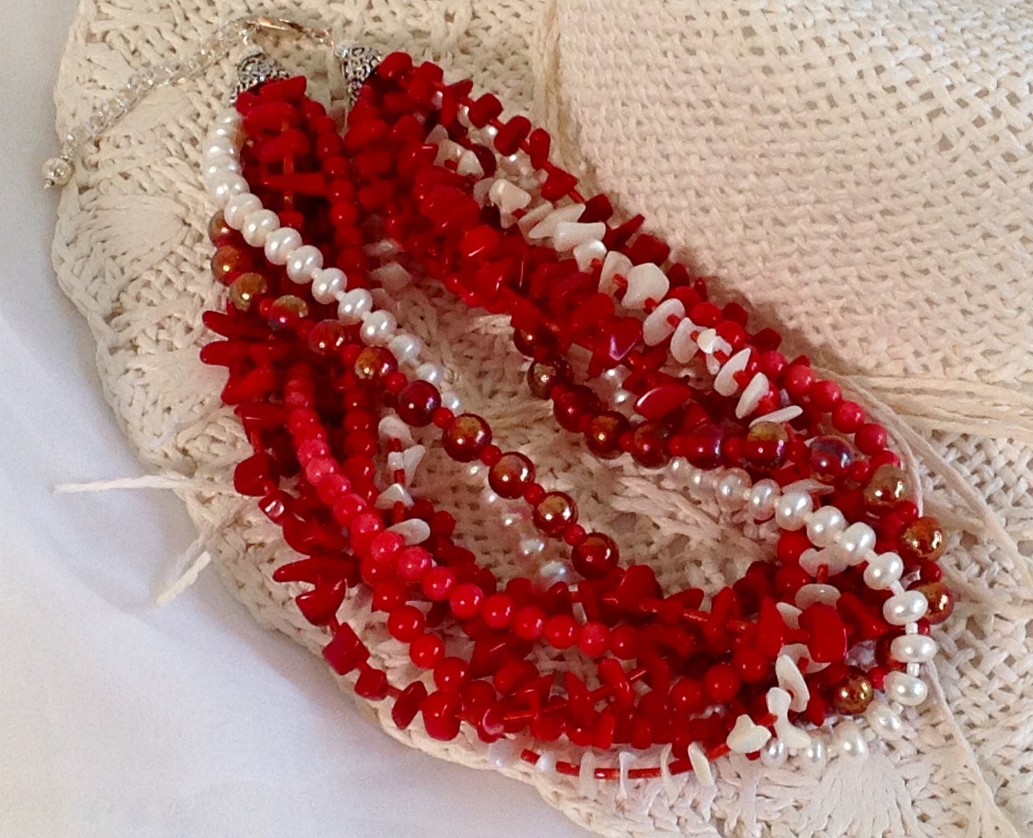 Multi Strand Torsade Necklace Red Coral Mother-of-pearl - Etsy