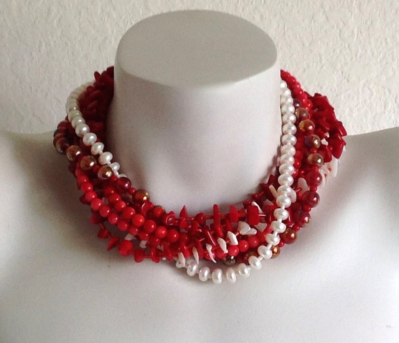 Multi Strand Torsade Necklace Red Coral Mother-of-pearl - Etsy