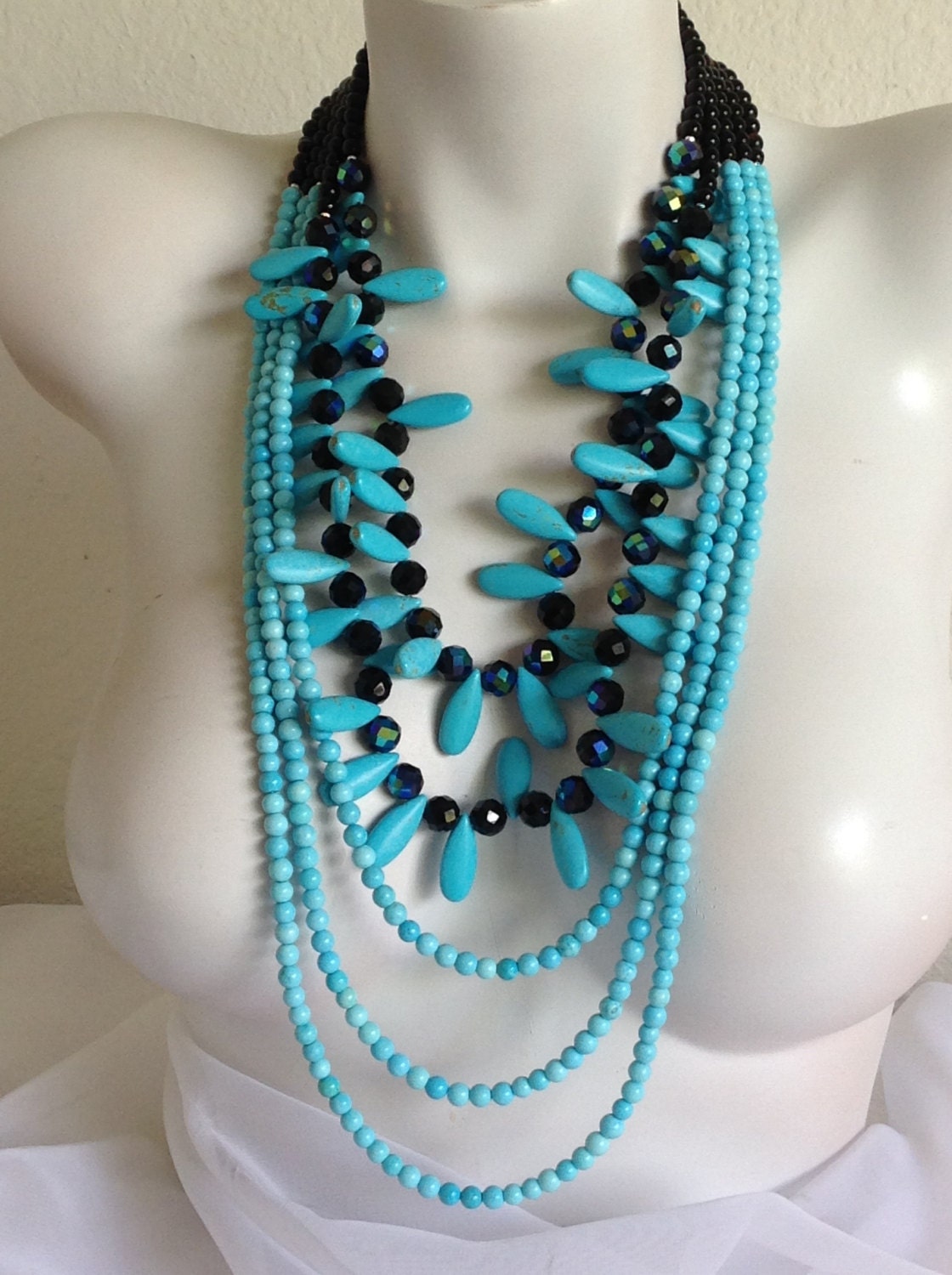 Long Multi Strand Statement Necklace, Turquoise Necklace, AB Black ...