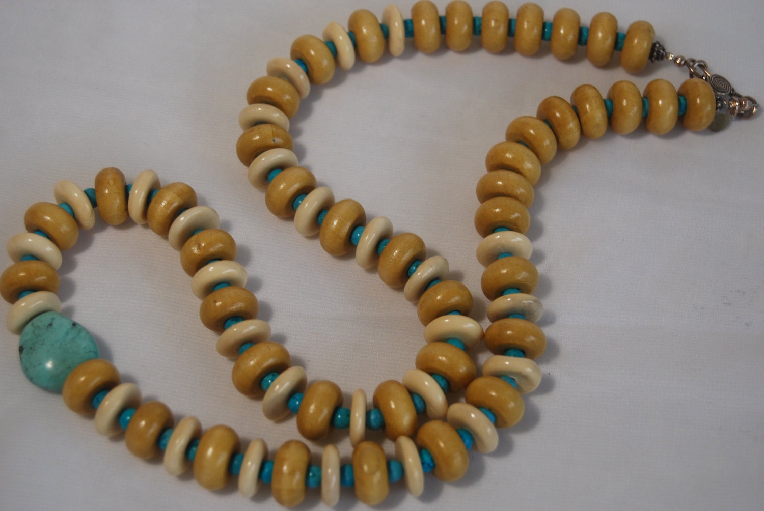 Long Beaded Bone Necklace, Wood Rondelles, Turquoise Nugget, .925 ...
