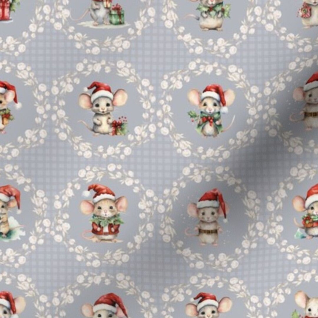 Christmas Mice Fabric by the Yard Light Blue Holiday Mice Fabric Merry ...