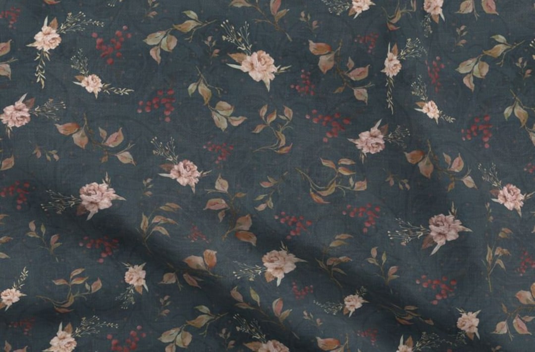 Dark Blue Rose Fabric by the Yard Moody Dark Fabric With Blush Rose ...