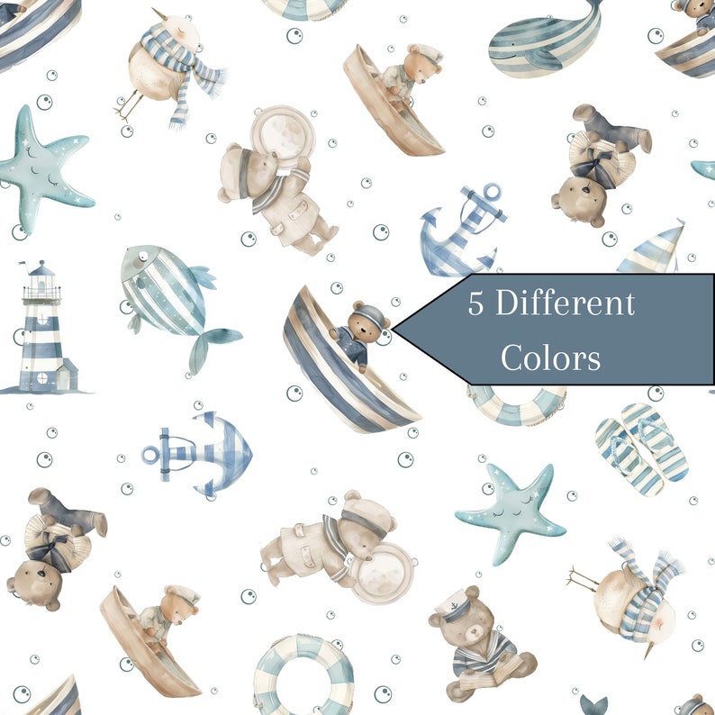 Nautical Teddy Bear Fabric by the Yard Dusty Blue Gray Boy Nautical ...