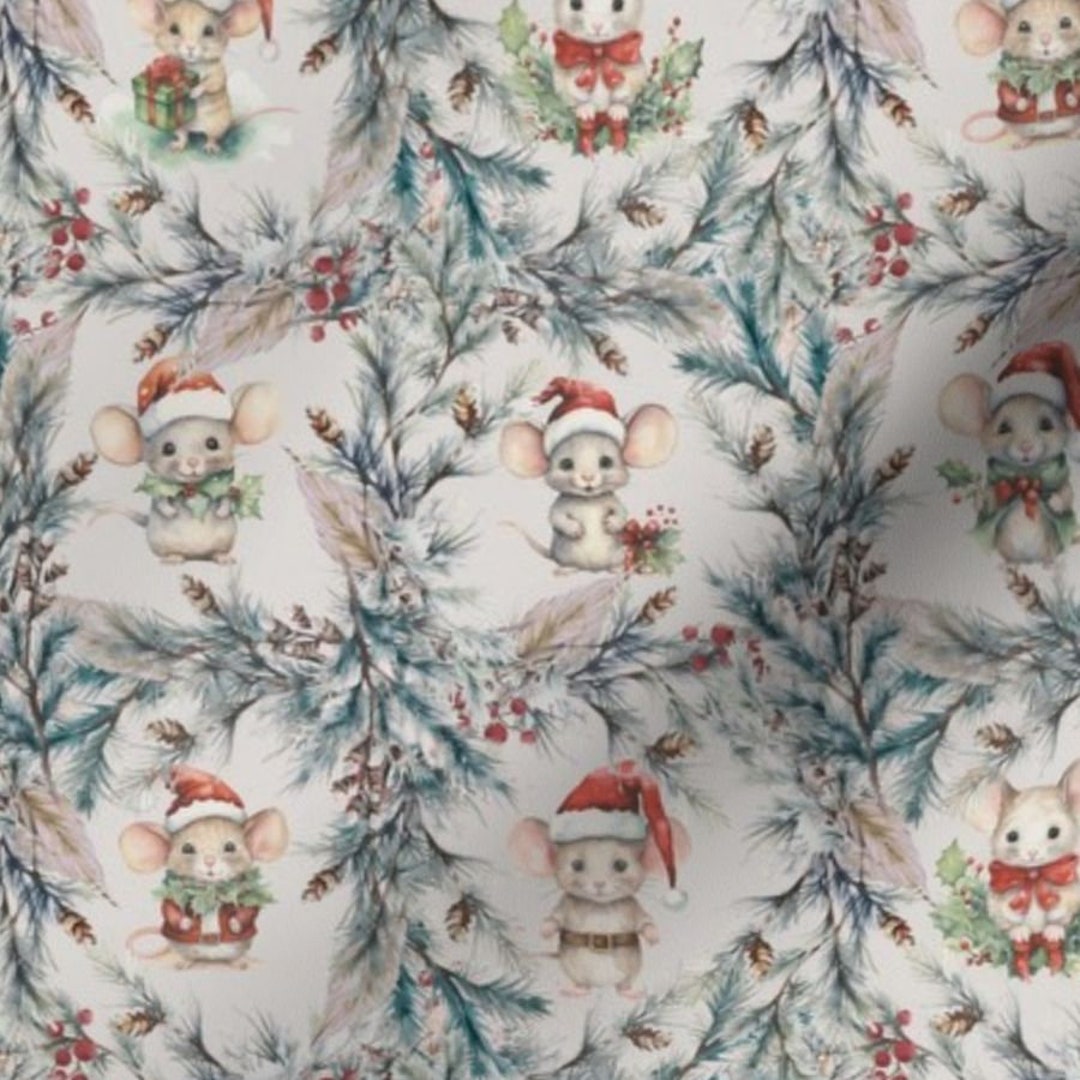 Christmas Mice Fabric by the Yard Holiday Mice Fabric With Pine ...