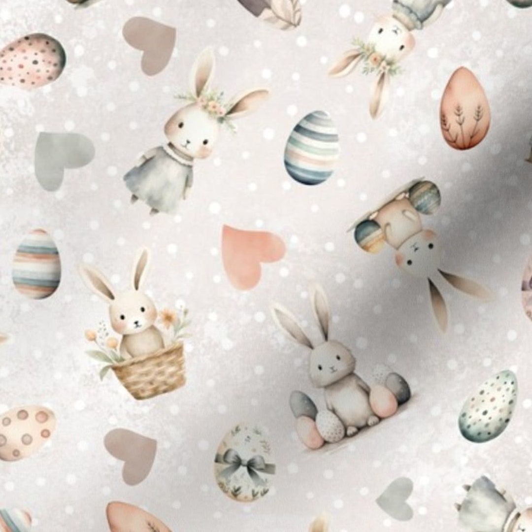 Gray Easter Bunny Fabric by the Yard Pastel Easter Egg Fabric Decorated ...