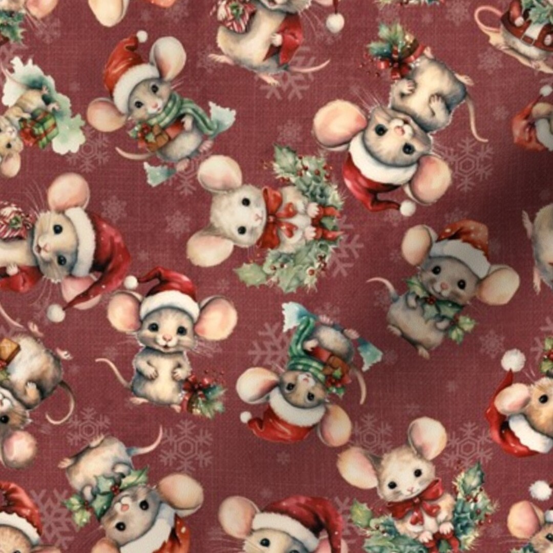 Christmas Mice Fabric by the Yard Burgundy Christmas Fabric Holiday ...