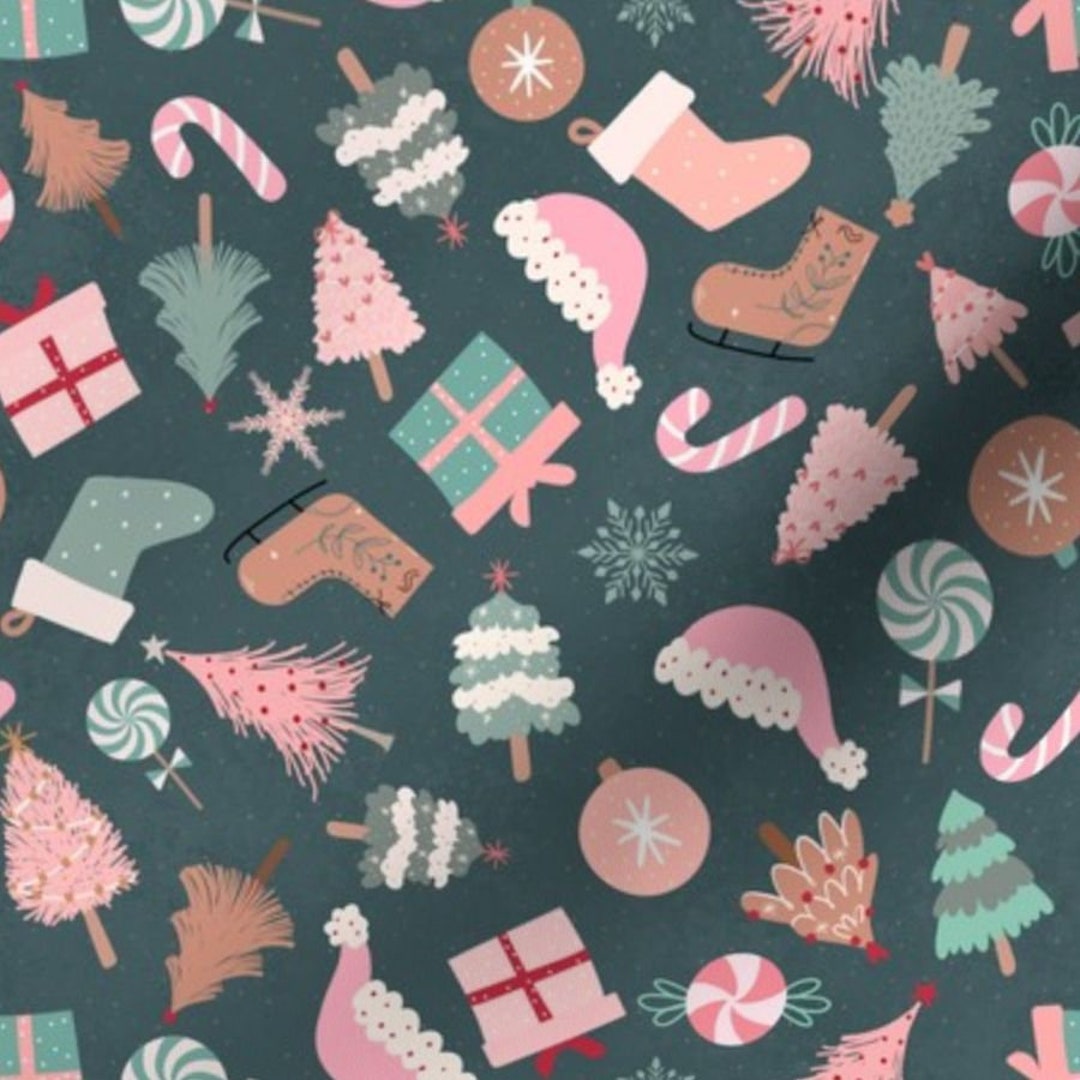 Teal Christmas Fabric by the Yard Pink Christmas Tree Fabric Christmas ...