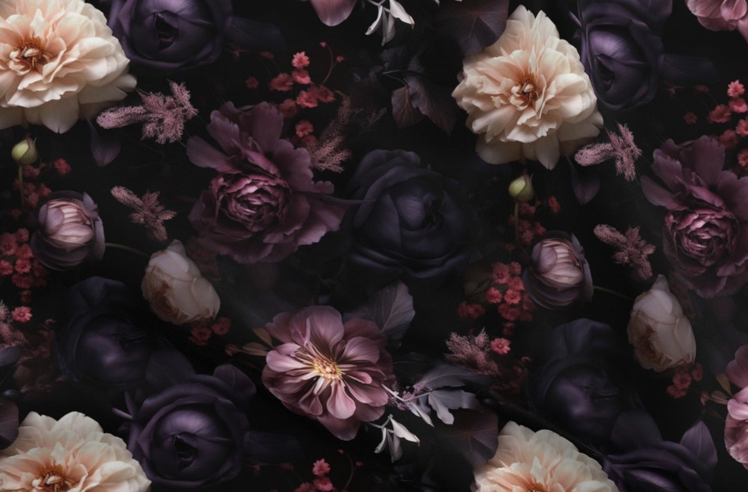 Dark Peony Fabric by the Yard Moody Floral Black Upholstery Modern ...