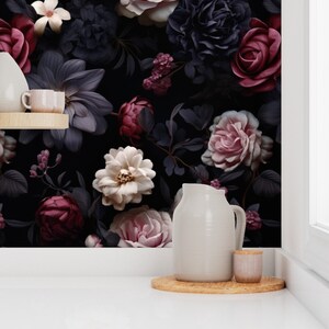 Black Floral Wallpaper With Pink Peonies Dark Background Moody ...