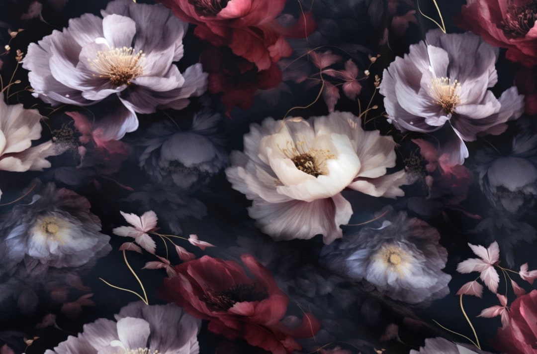 Vintage Dark Romance Fabric by the Yard Moody Red Peonies Floral Modern ...
