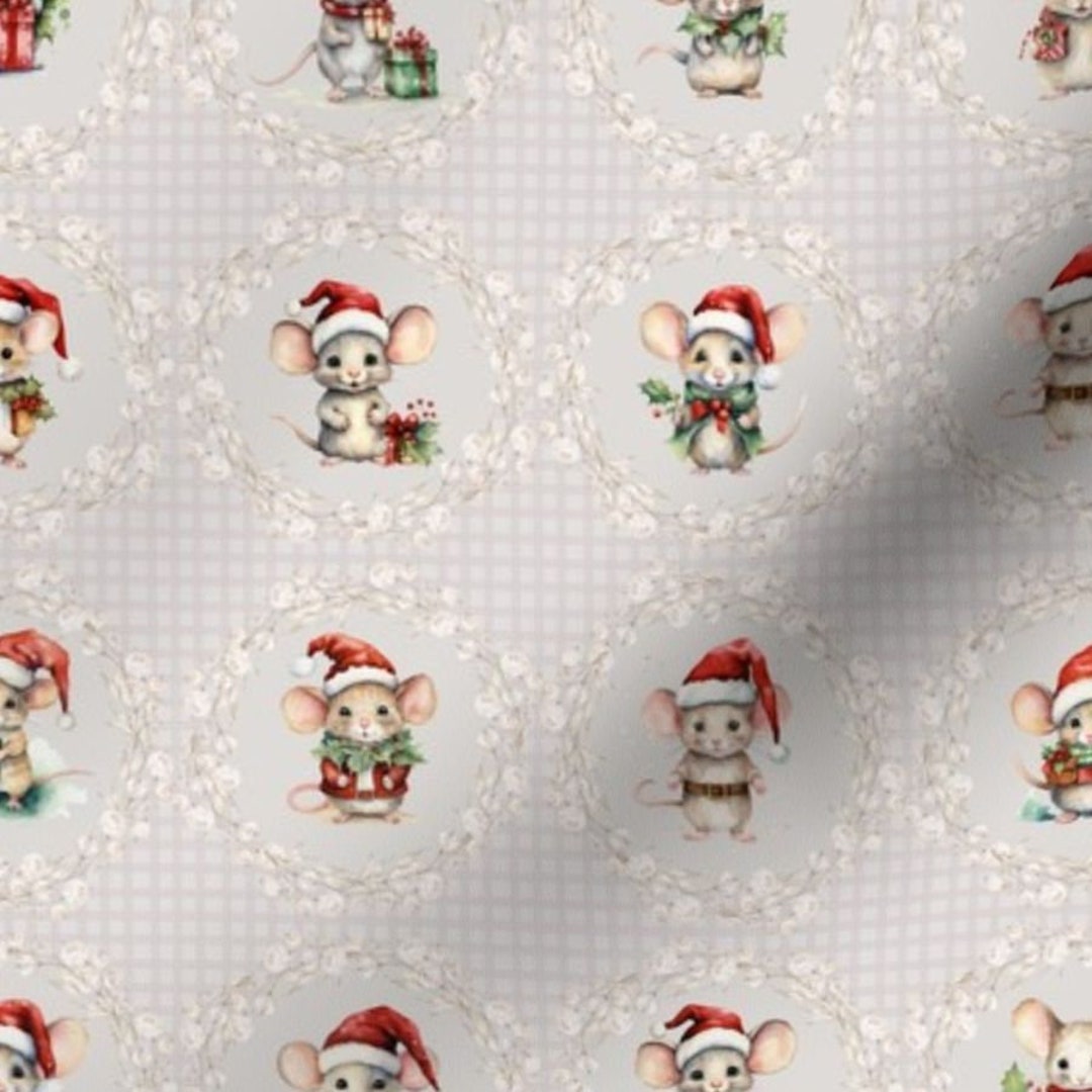 Christmas Mice Fabric by the Yard on Muted Beige Christmas Plaid Fabric ...