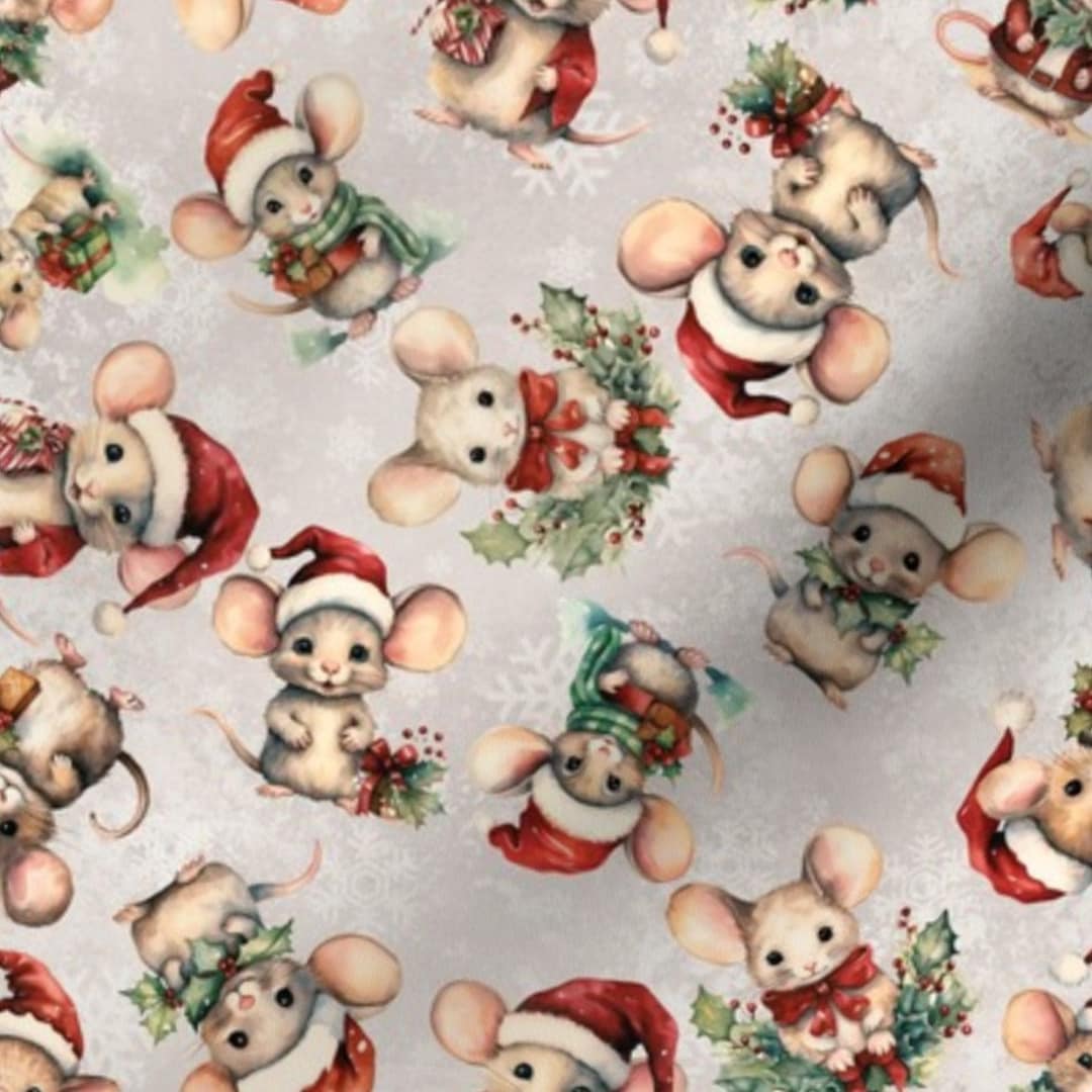 Christmas Mice Fabric by the Yard Gray Christmas Fabric Winter Mice ...