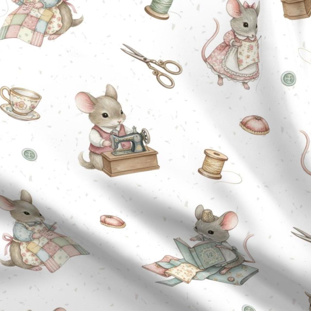 Vintage Mice Fabric by the Yard Pastel Seamstress Storybook Baby Mouse ...