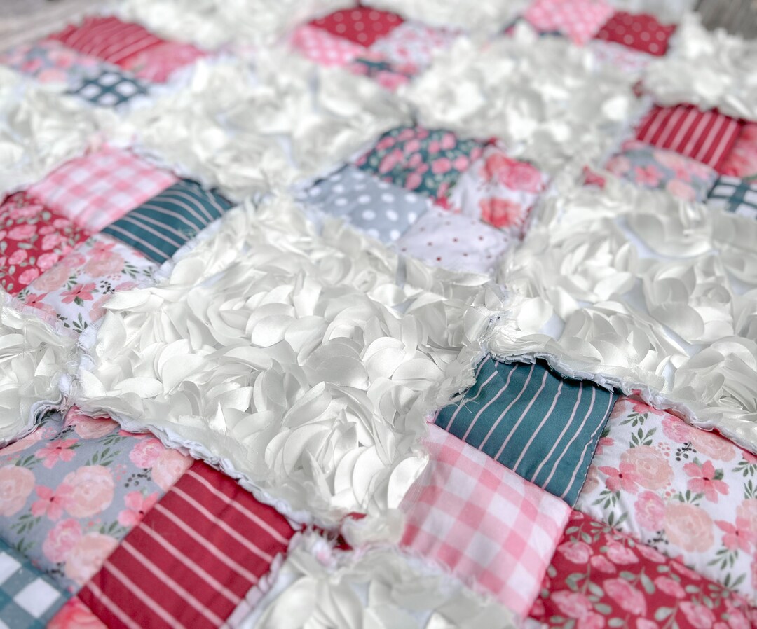 Pink and Blue Rag Quilt Shabby Chic Retro Chic Puff Quilt With 3D ...